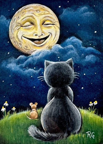 ACEO Original Painting Cat Mouse Moon Night Sky Stars Friends Cute ...