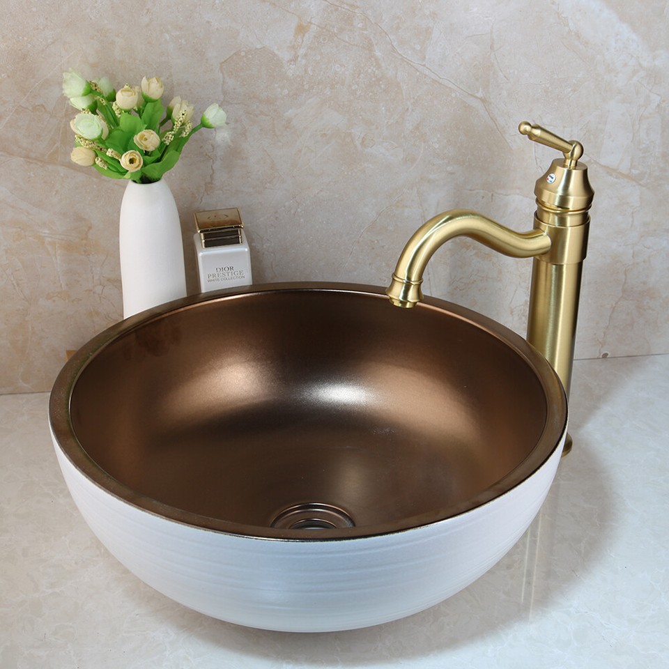 Bathroom Round Ceramic Basin Sink Combo Brushed Gold Mixer Faucet Tap ...