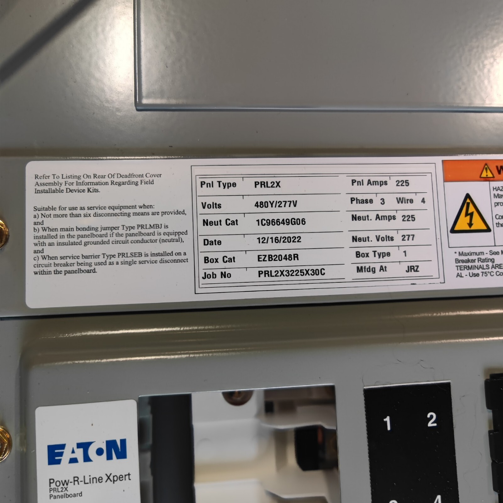 EATON PRL2x 225 AMP 480Y 277V 3PHASE 4WIRE 30 Cir NEMA 1 Panelboard | eBay
