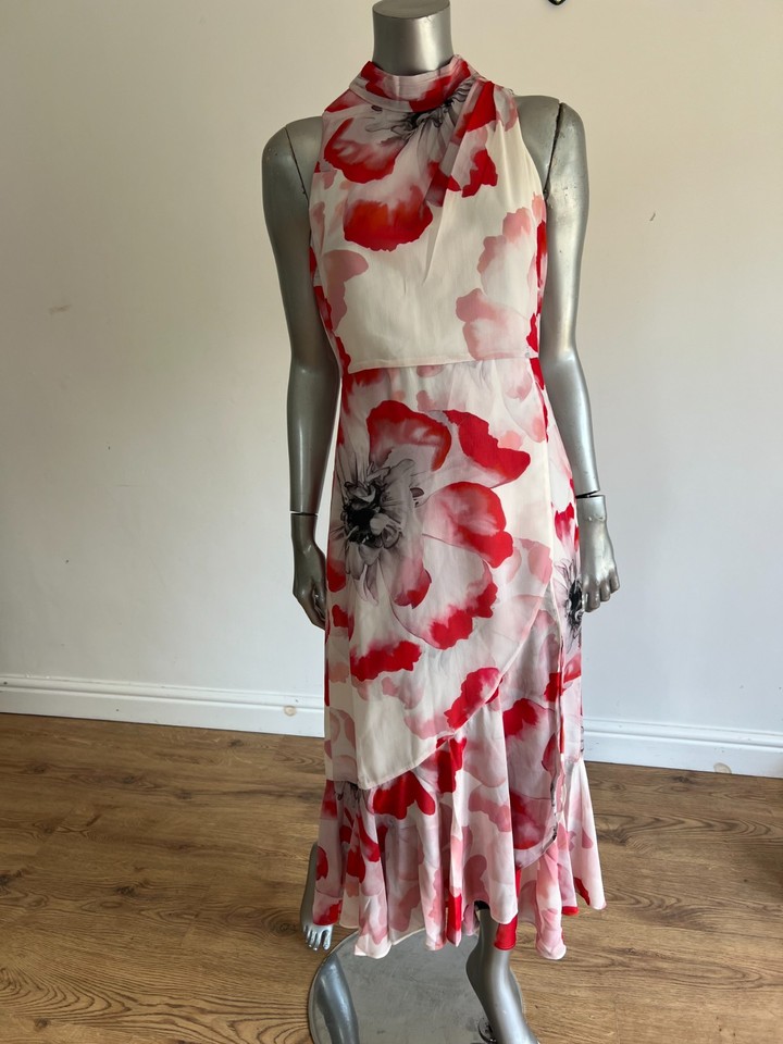 Ted Baker Midi Dress Womens TB 3 UK 12 Selino Ivory Floral Print Tie ...