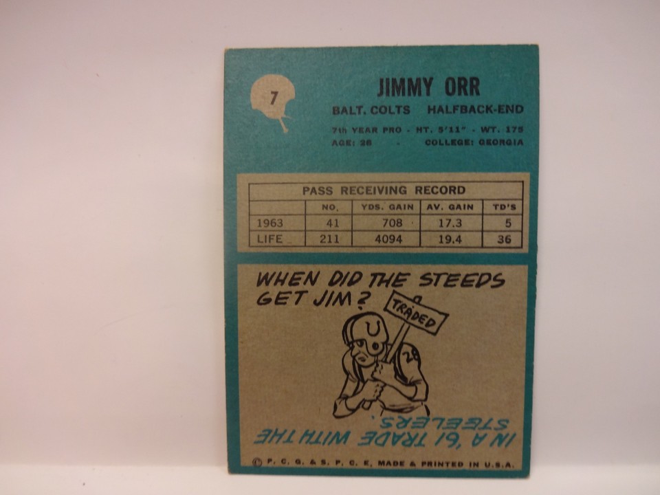 1964 Philadelphia Football Jimmy Orr Baltimore Colts Card #7 | eBay