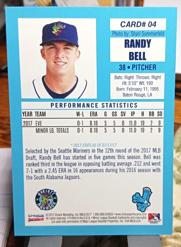 2017 Choice Everett AquaSox Baseball Card of Randy Bell #4 (NM) Free ...