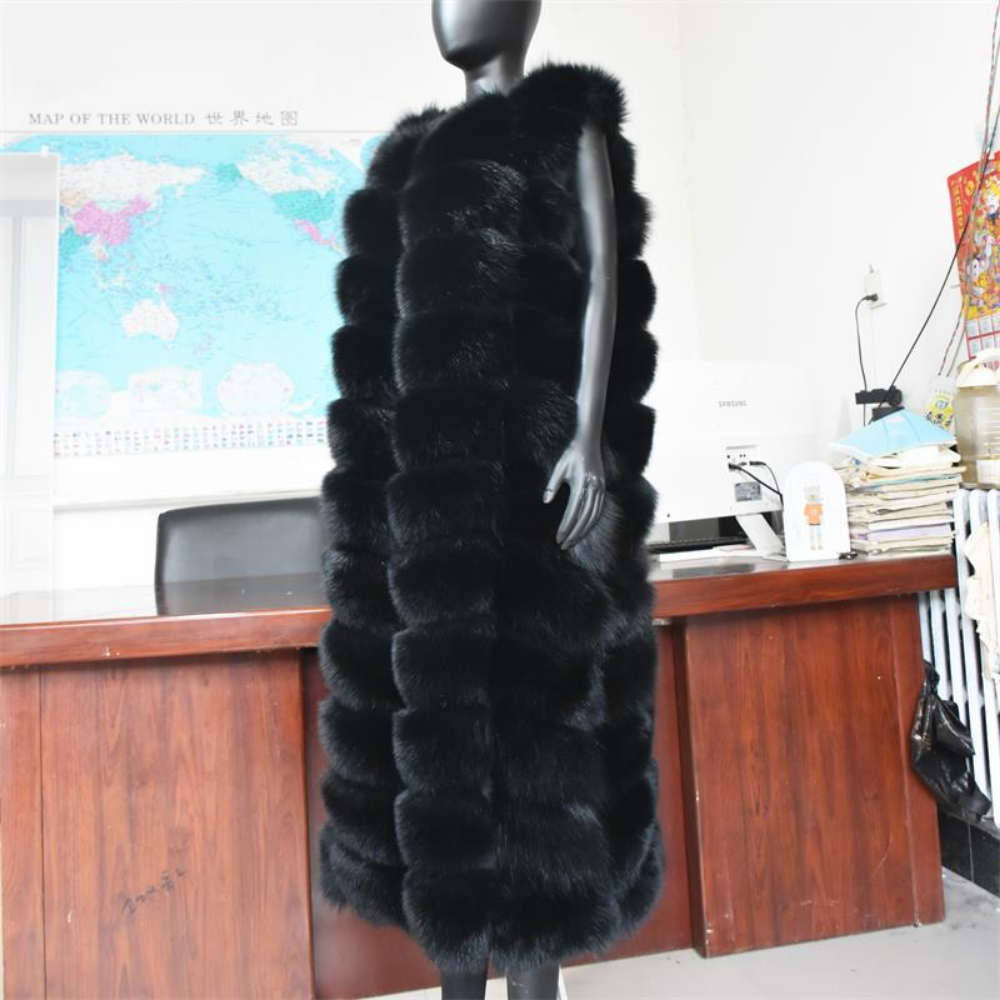 100% Real Fox Fur Blocks Vest Sleeveless Women Long Coat Fur Jacket ...
