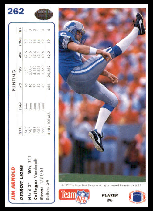 1991 Upper Deck #262 Jim Arnold Detroit Lions Football Card | eBay