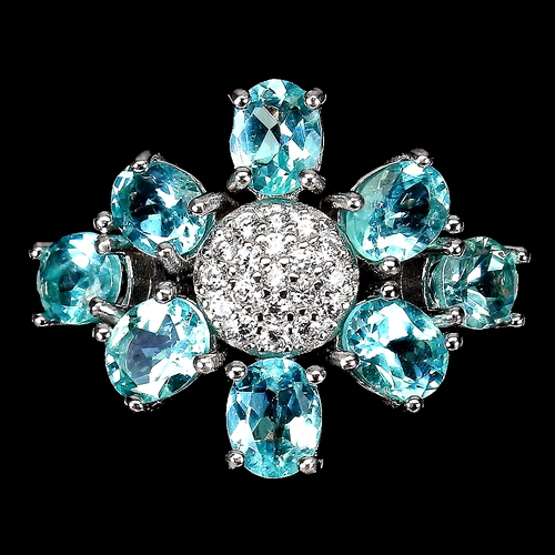 NATURAL AAA NEON BLUE APATITE RING WITH WHITE CZ .925 STERLING SILVER ...