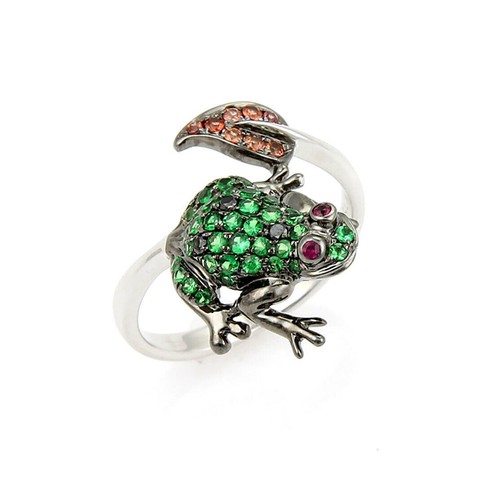 Frog Leaf Bypass 18k White Gold Tsavorite Sapphire Garnet Ring - Size 7 ...