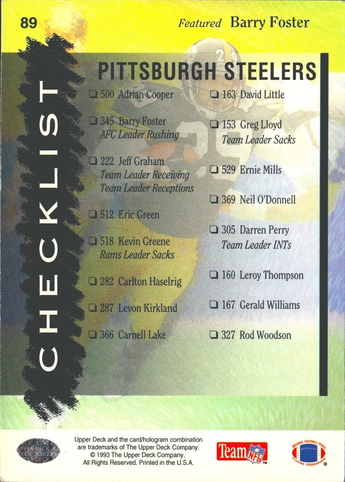 1993 Steelers Checklist TC, CL Upper Deck #89 Football | eBay