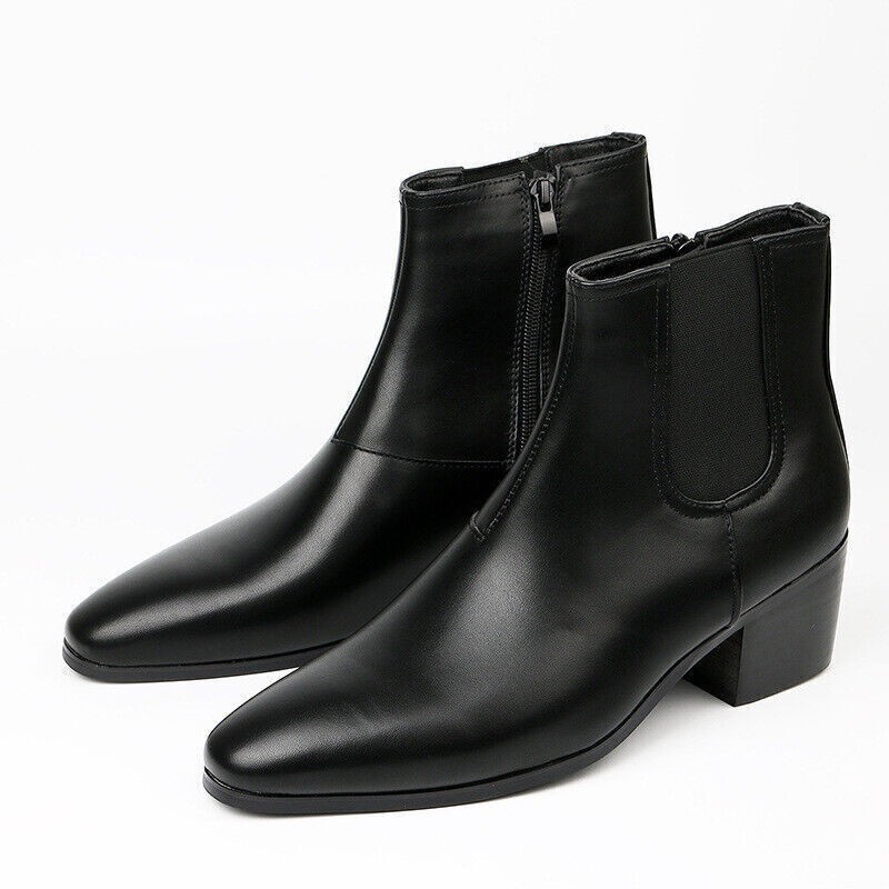 Men's Pointed Toe Chelsea Boots Cuban Heels High Top Formal Dress Ankle ...