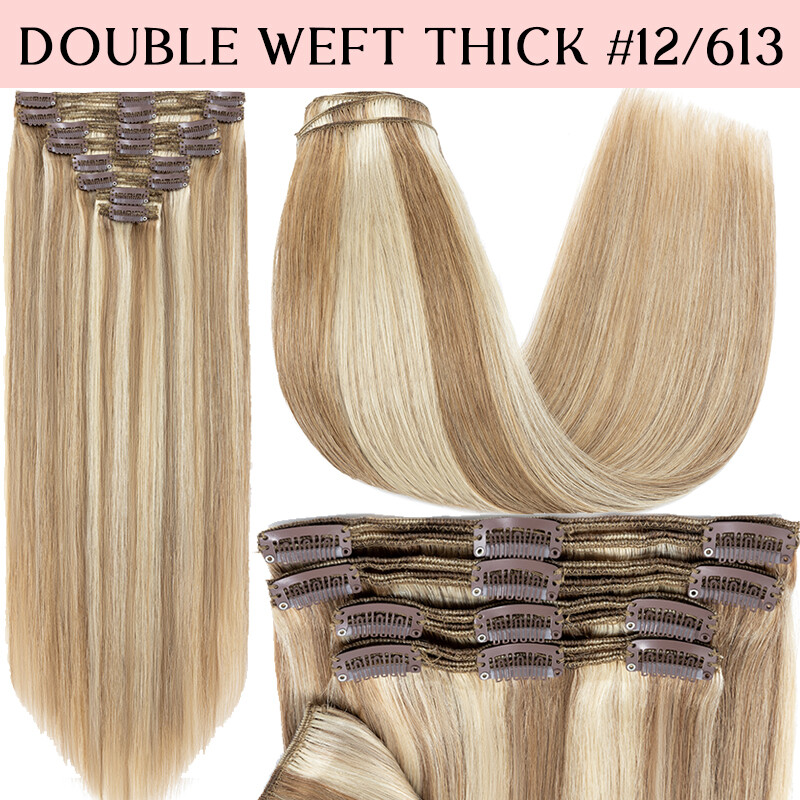 9A Clip In Double Weft Real Remy Human Hair Extensions Balayage Thick ...