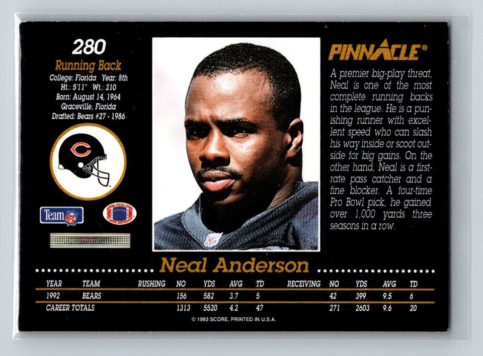 1993 Pinnacle #280 Neal Anderson Chicago Bears Football Card | eBay