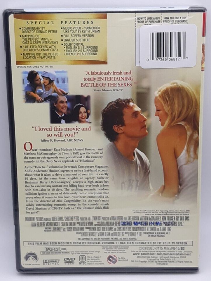 How to Lose a Guy in 10 Days (DVD, 2003) NEW, sealed, ships next ...