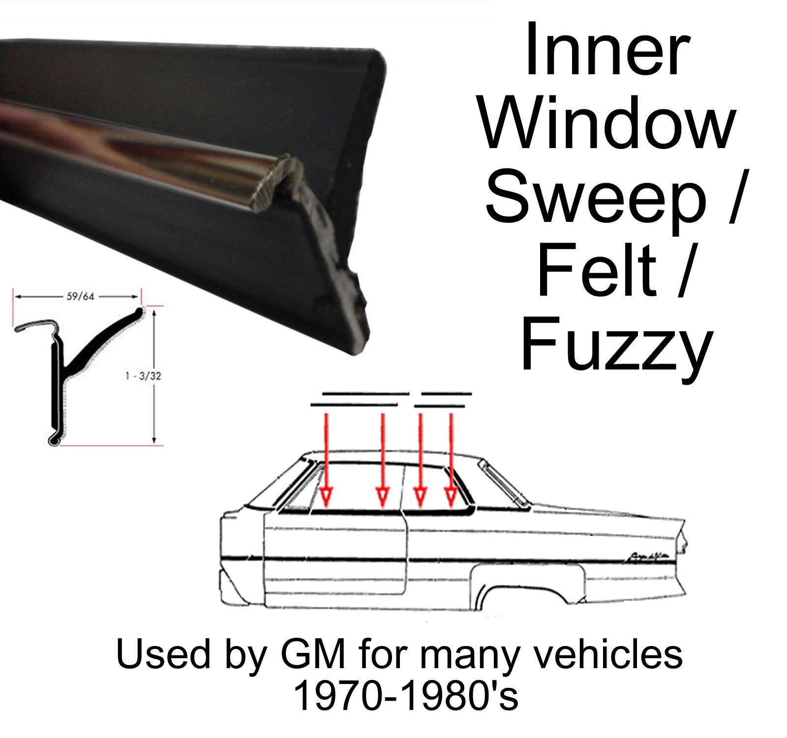 Window Sweep / Fuzzy / Felt - Inner-1-3/32" Tall Stainless 1970 - 89 ...