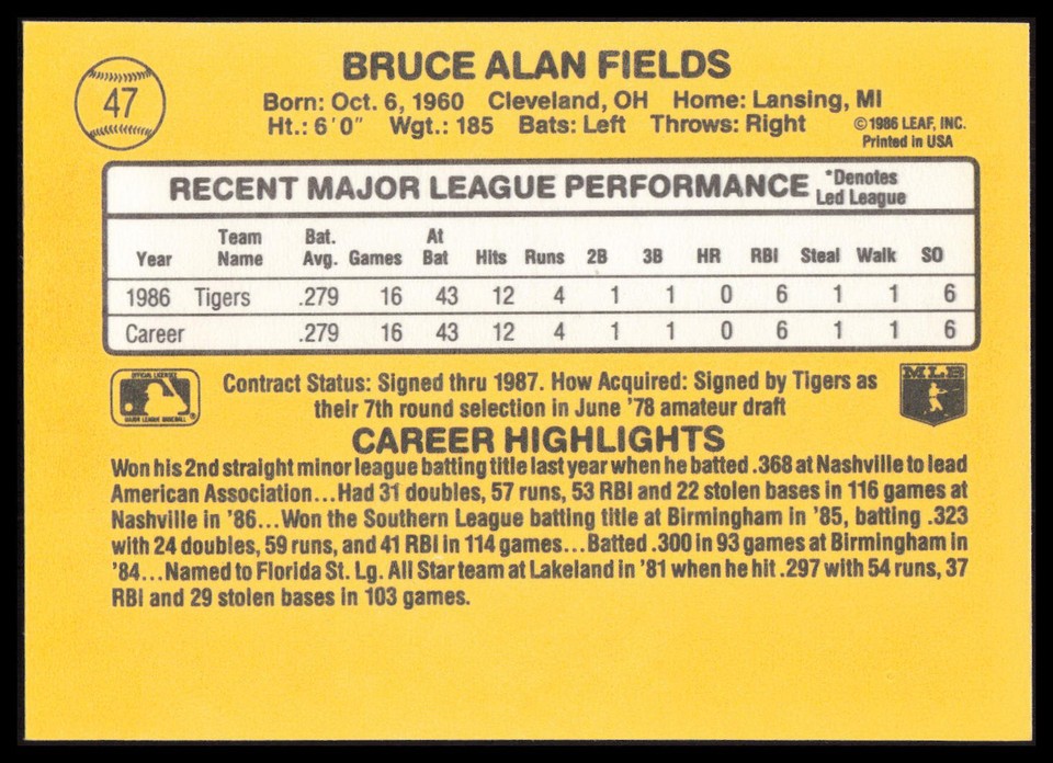 1987 Donruss Bruce Fields Rookie, RR, UER #47 Detroit Tigers 33C | eBay