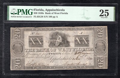 1832 $20 BANK OF WEST FLORIDA APPALAHICOLA, FL OBSOLETE NOTE PMG VERY ...
