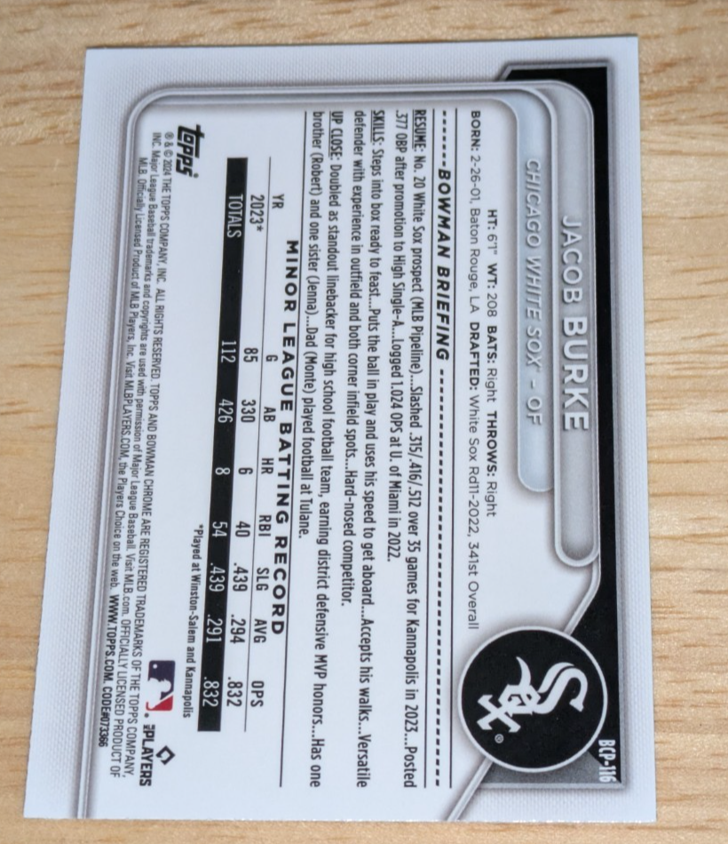 Jacob Burke Chicago White Sox 2024 1st Bowman Chrome GOLD MOJO ROOKIE ...