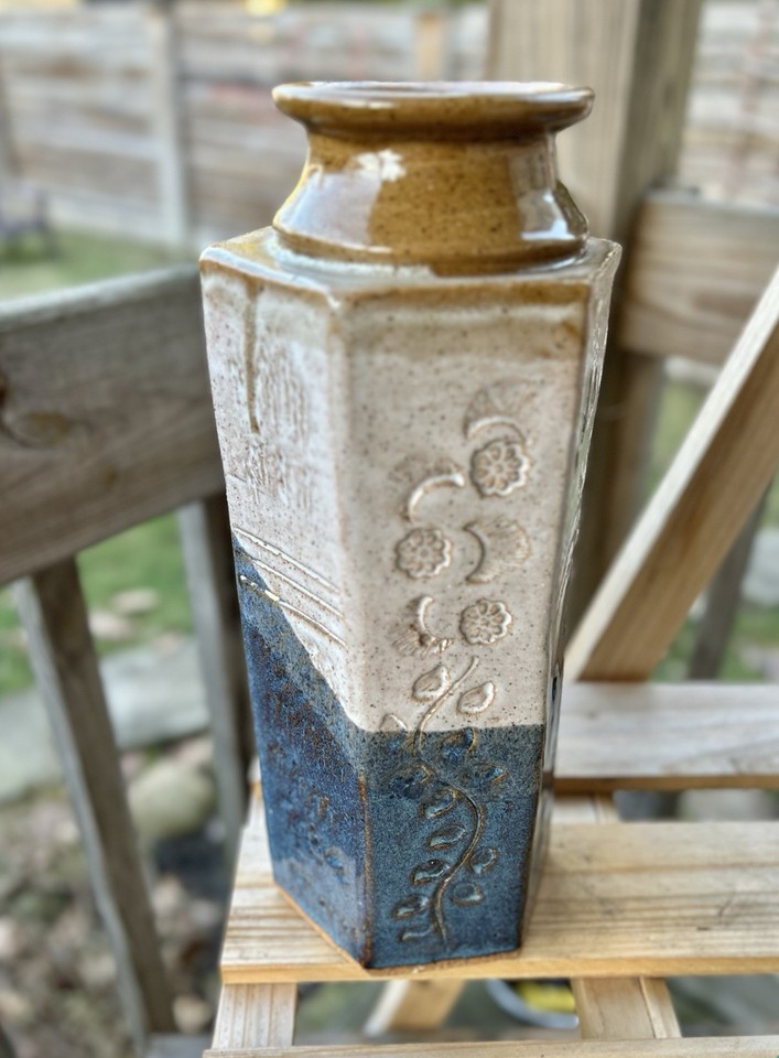 Eliza Campbell Handmade Ceramic Vase 1993 Blue Tan Floral 12" Signed | eBay