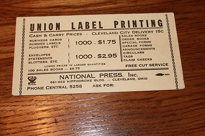 Vintage Advertising INK BLOTTER.Union Label Printing. Cleveland, Ohio ...