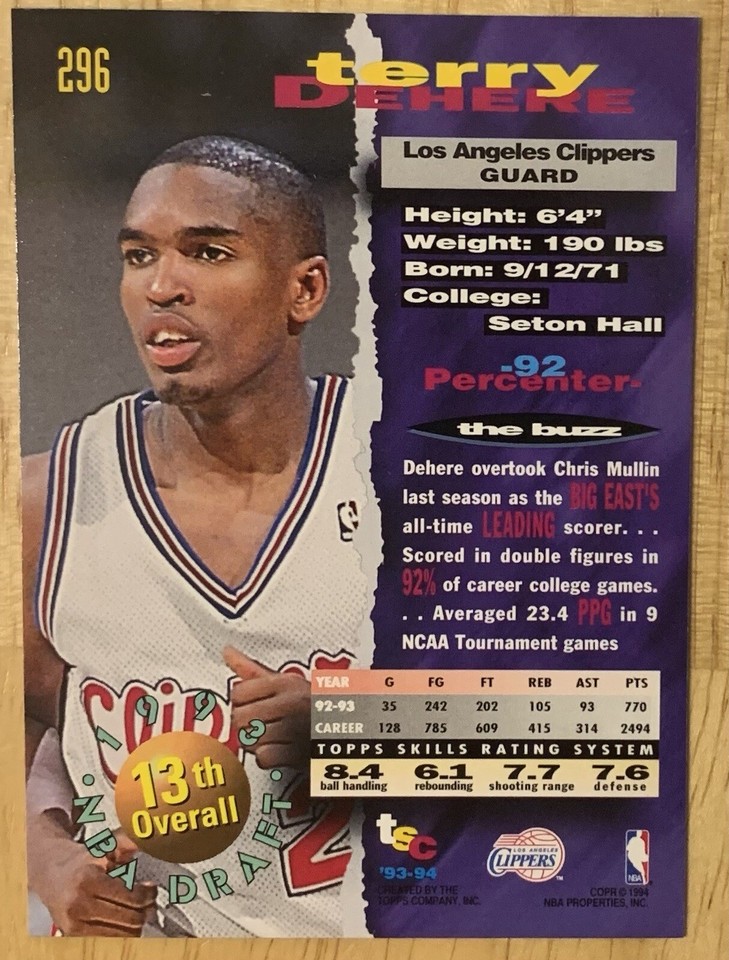 1993-94 Topps Stadium Club Draft Pick 1st Day Issue Terry Dehere #296 ...