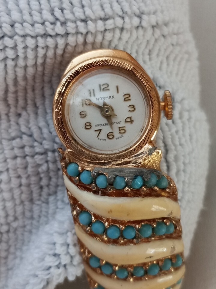 Norman Vintage 60's Swiss Hidden Watch Gold Tone Enamel & Beaded Hinged ...