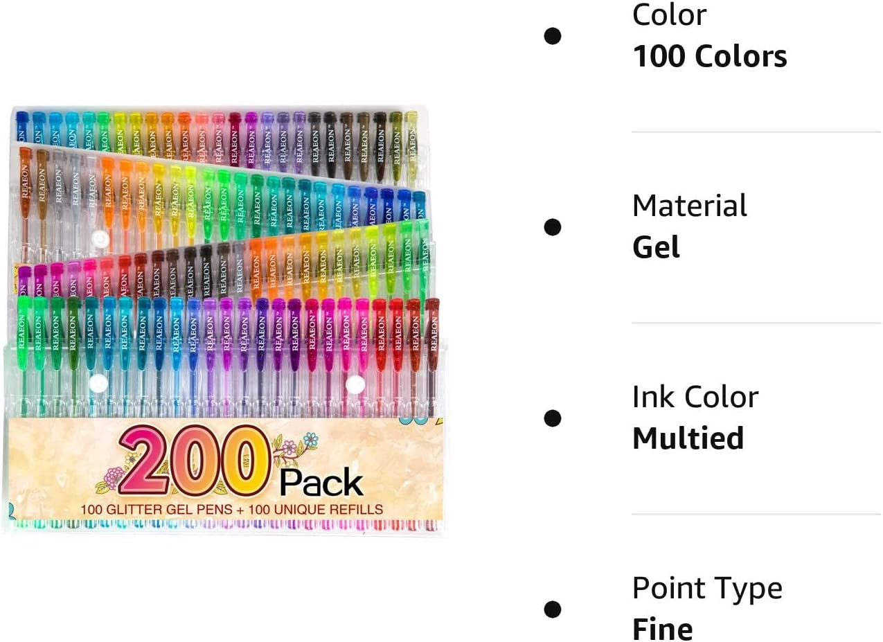 200 Gel Pens Set Glitter Metallic Neon Individual Colors for Kids Adult ...
