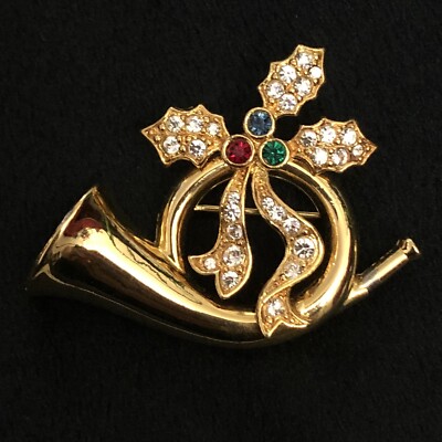 Vintage 1993 Merksamer Goldtone Rhinestone Holly & French Horn Brooch ...