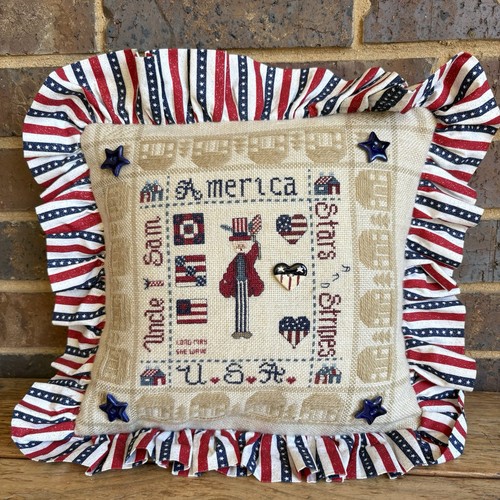 VTG Patriotic Cross Stitch Burlap Pillow USA Handmade Ruffle Red White ...