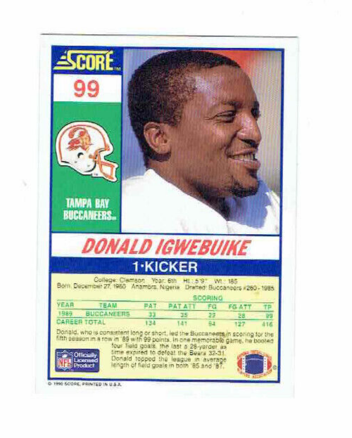 Donald Igwebuike Tampa Bay Buccaneers #1 Kicker #99 Score 1990 Football ...