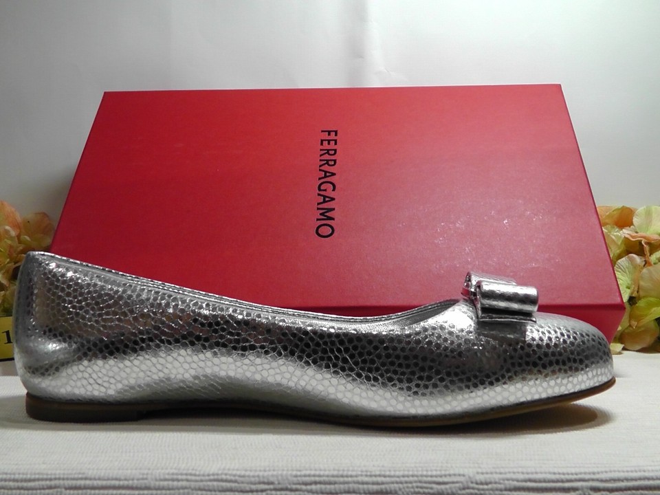 Salvatore Ferragamo ARGENTO Leather Varina Bow Lizard Embossed Flats ...