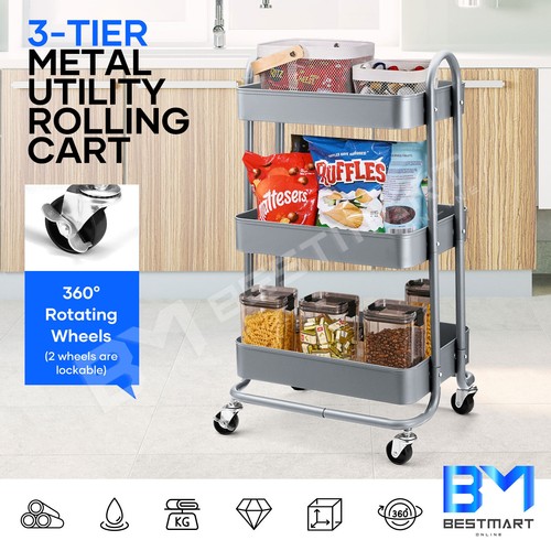 3 Tier Storage Cart Trolley Organiser Kitchen Utility Shelf Rolling ...