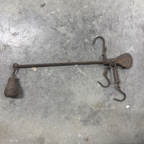 Antique Cast Iron Hanging Balance Beam Scale w 3 Hooks Sliding Weight ...