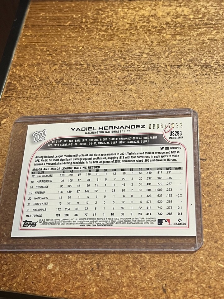 2022 Update Series Topps Baseball Gold # US293 Yadiel Hernandez 0808/ ...