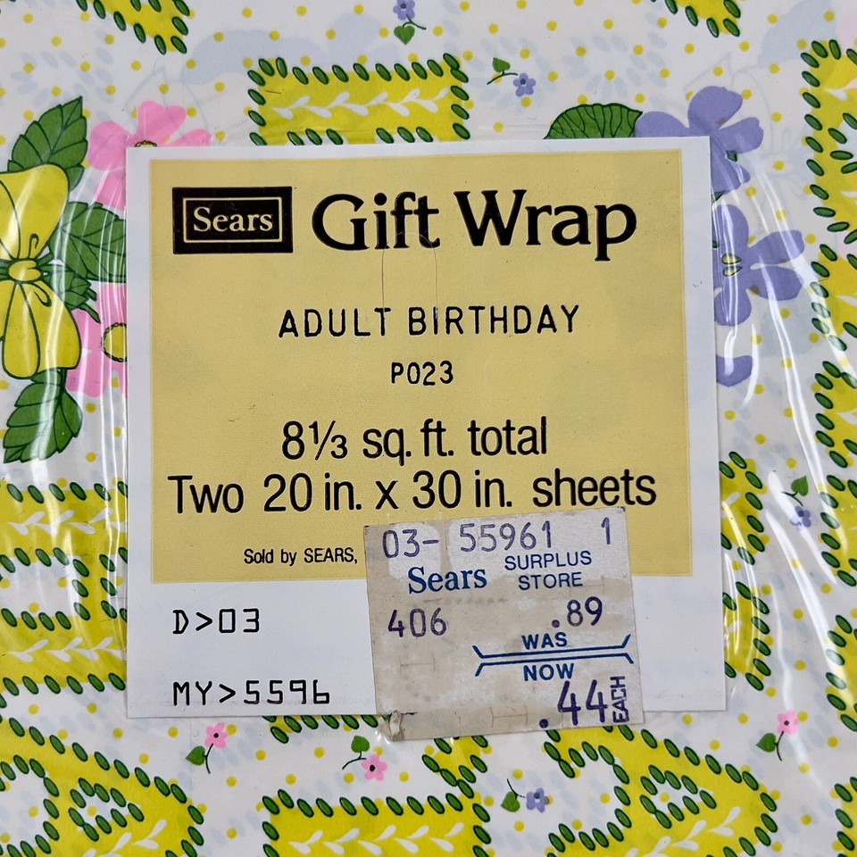 Vintage Sears Two 20”x30” Adult Birthday Yellow Gift Wrap Sheets New ...