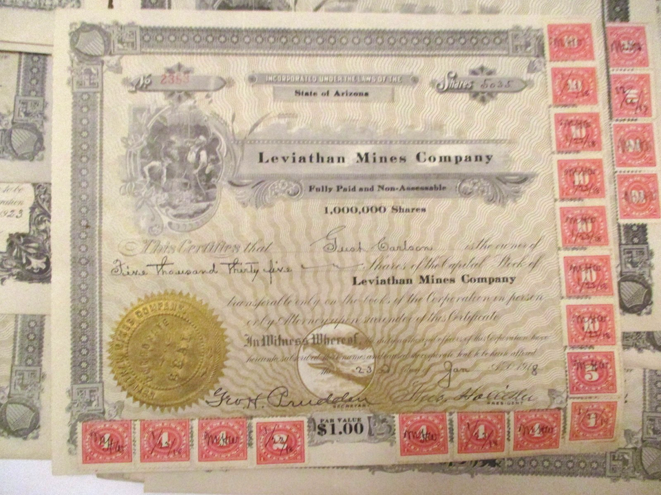 125 OBSOLETE ANTIQUE 1914-23 LEVIATHAN MINES CO. STOCK CERTIFICATES ...