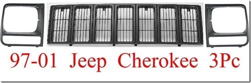 Fits 97 01 Jeep Cherokee 3Pc Black Grill Kit New With Head Light Doors ...