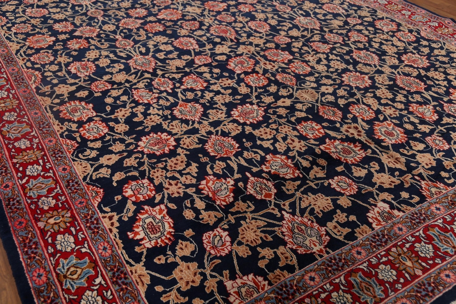 Vegetable Dye Floral Navy Blue/ Rust Mood Vintage Handmade Room Size ...