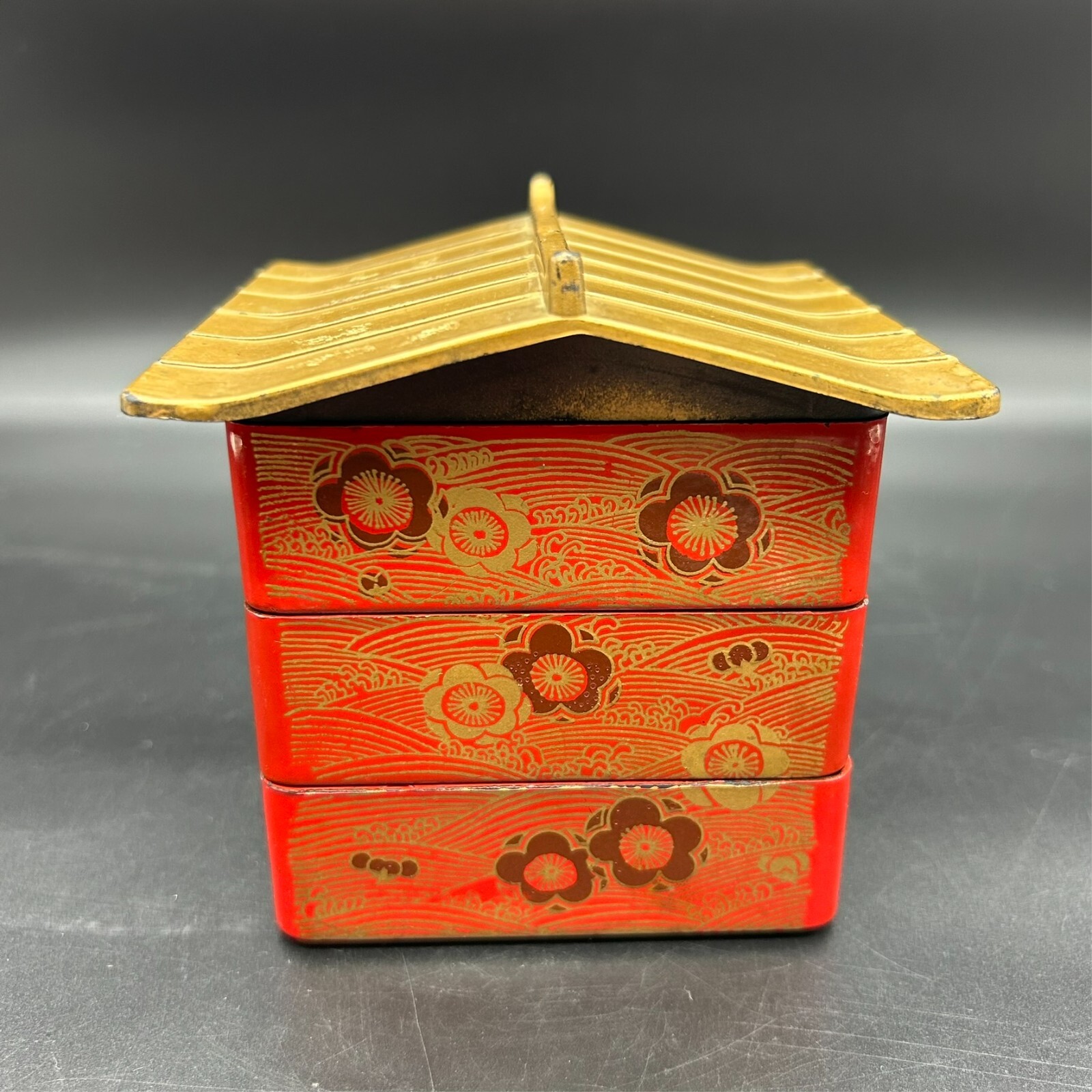 Vtg Red Plastic Faux Lacquer Flowered Stacking Pagoda Storage Box ...