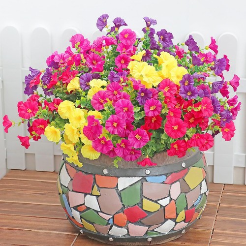 16PCS Artificial Fake Outdoor Flowers Plants, Faux Silk Realistic ...
