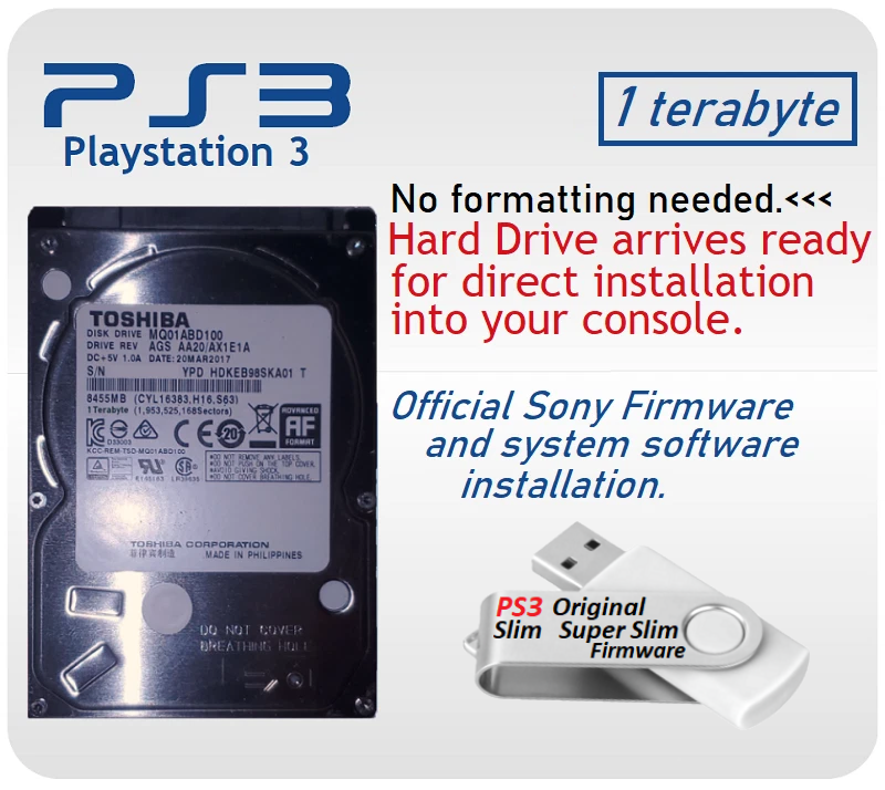 1TB PS3 Hard Drive USB Firmware Installation Drive Replacement Upgrade ...