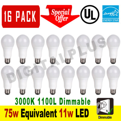 16 LED Light Bulbs GREENLITE 11W 75W Rep 1100L 3000K A19 Dimmable (High ...