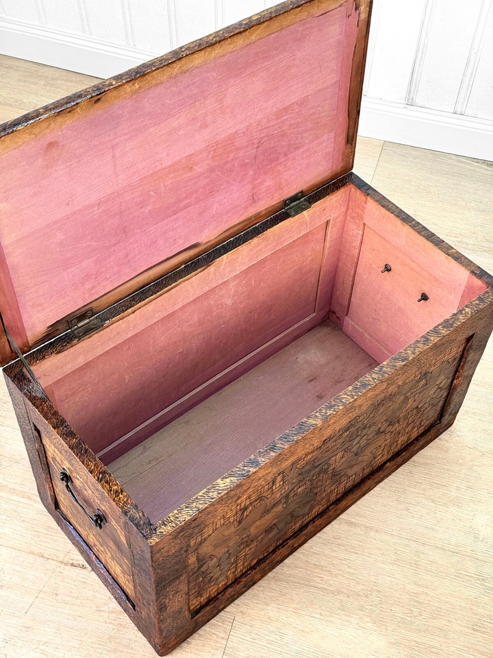 Antique Arts & Crafts Flemish Pyrography Storage Chest Box | eBay