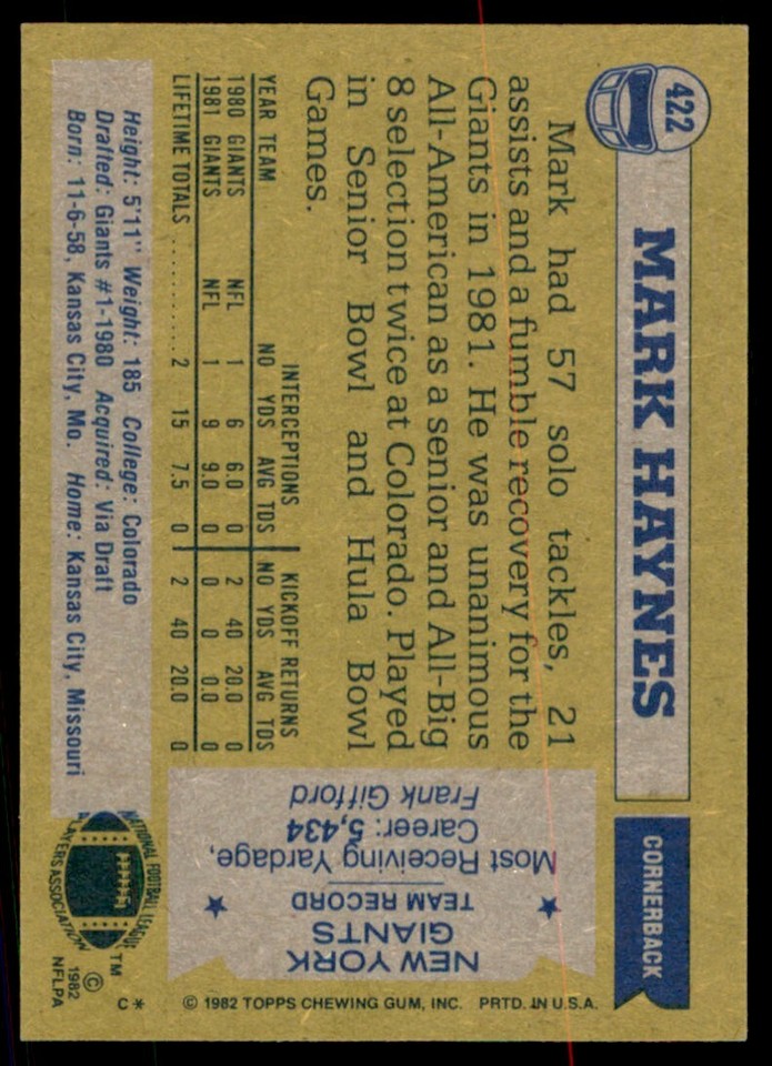 1982 TOPPS MARK HAYNES RC NEW YORK GIANTS #422 | eBay
