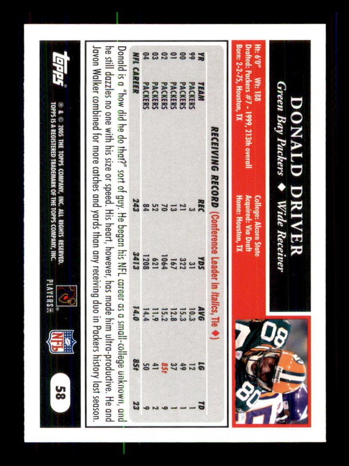 2005 FOOTBALL 2005 Topps Donald Driver Green Bay Packers #58 1 | eBay