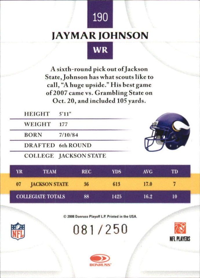 2008 Donruss Threads Century Proof Bronze Football Card #190 Jaymar Johnson/250 | eBay