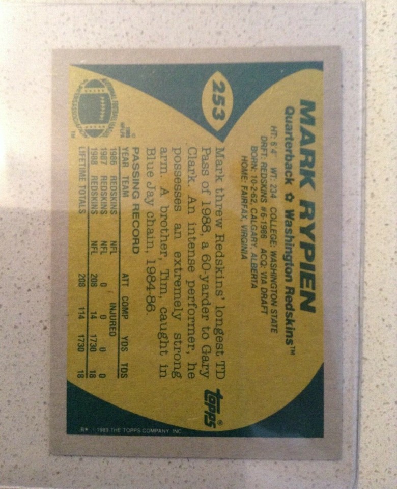 1989 Topps Mark Rypien Rookie Error #253! *GEM MINT!* GRADE READY 🔥 | eBay