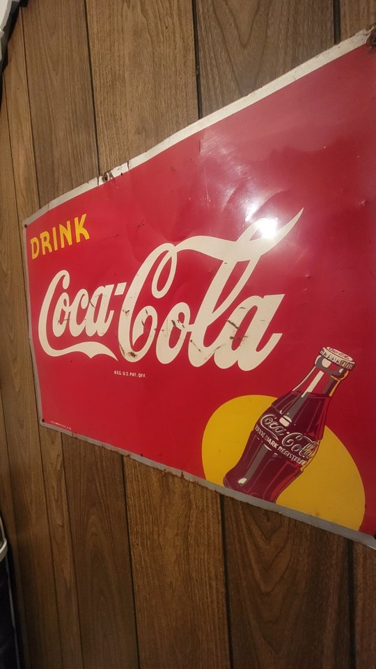1948 Coca-Cola COKE Yellow Dot Metal Sign 27" x 19" Embossed Lettering ...