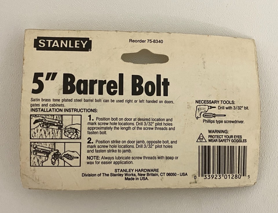 Stanley 5" Barrel Bolt Satin Brass Finish 75-8340 / CD1078 Door Lock ...