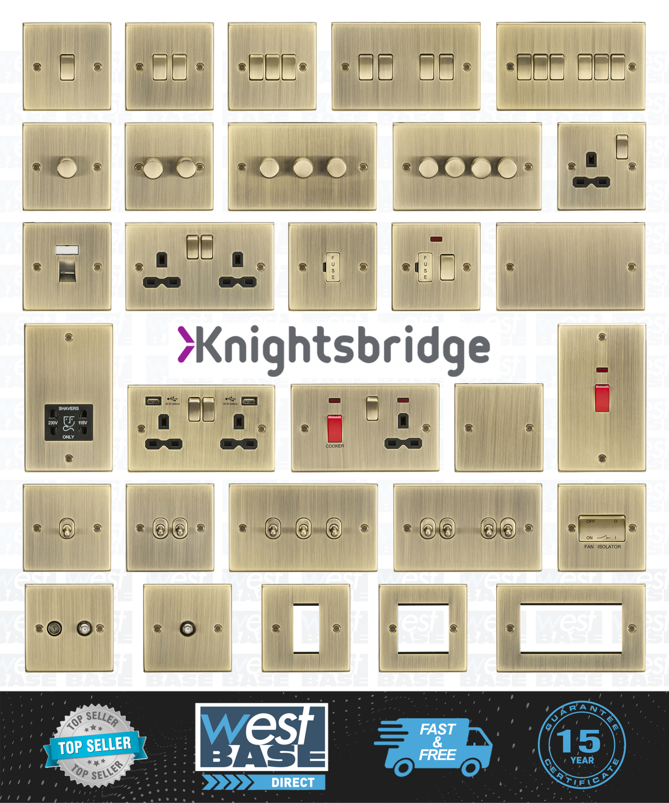 KNIGHTSBRIDGE ANTIQUE BRASS SQUARE EDGE Switches & Sockets BLACK Insert ...
