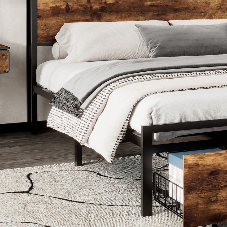 METAL BED FRAME WITH OUTLETS LED STRIP SINGLE DOUBLE PLATFORM BED WITH ...