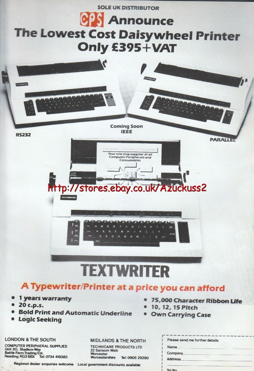 CPS Textwriter Daisywheel Printer "Vintage Hardware" 1983 Magazine ...