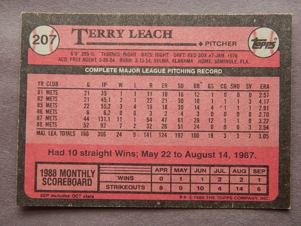 Terry Leach #207 Topps 1989 Baseball Card (New York Mets) | eBay